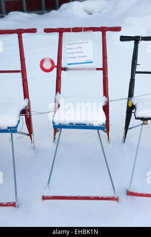 Kick sleds or sledges for hire at in Levi Lapland Finland deep in snow ...