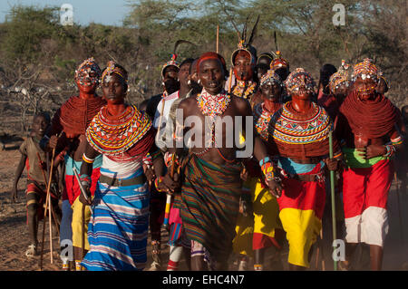 Samburu moran or warriors and girls dancing in traditional dress Stock ...