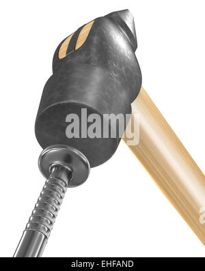 Shiny new hammer hitting the nail isolated on white background, side ...
