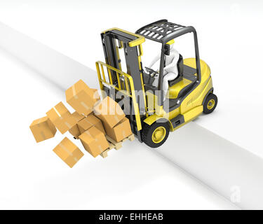 Fork lift truck falling from unsecured semi trailer, isolated on white ...