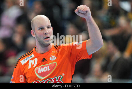 Mannheim, Germany. 13th Mar, 2015. Pick Szeged's Dean Bombac cheers ...
