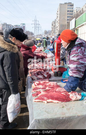 A traditional Russian Meat market for the consumers and farmers Stock ...