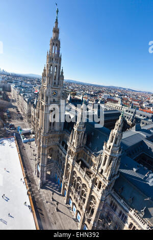VIENNA, AUSTRIA. Ice skating at the Wiener Eistraum. The Wiener Rathaus ...