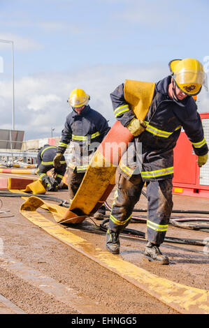 Firemen pull hose into position Stock Photo - Alamy