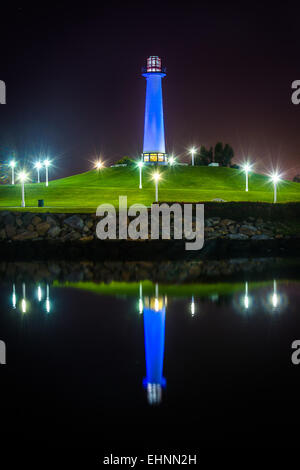 Long Beach Harbor Lighthouse reflecting at night, in Long Beach ...