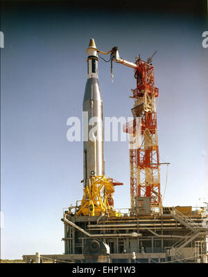 A photograph showing the Atlas 29D rocket on the launch pad, part of ...