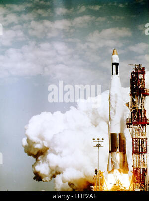 Photograph capturing the liftoff of an Atlas-Agena rocket carrying the ...