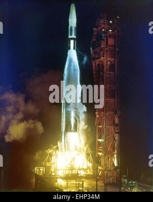 Photograph capturing the liftoff of an Atlas-Agena rocket carrying the ...
