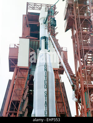 A photograph of the Ranger 4 spacecraft on the launch pad, part of the ...