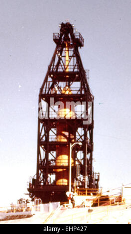 A photograph showing a missile test stand setup, labeled as 'Missiles ...