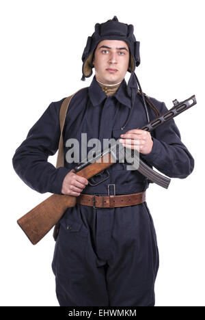 young Soviet tank driver with his gun on the white background Stock ...