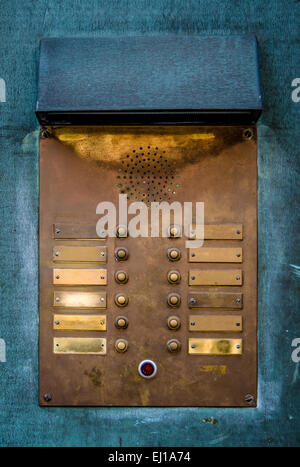 Residential building doorbell with buttons and blank name plates. Door ...