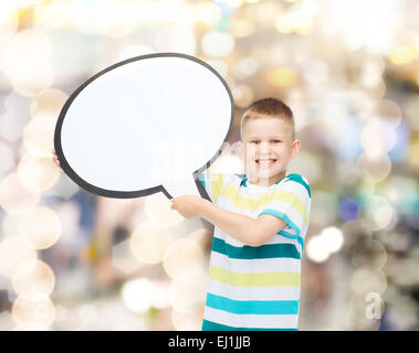 Little boy holding speech bubble with text BACK TO SCHOOL on lilac ...