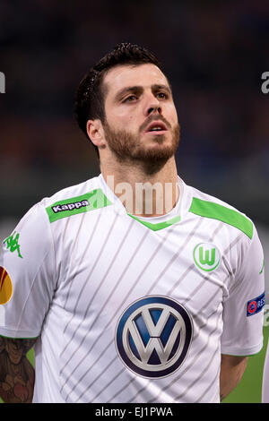 Milan, Italy. 19th Mar, 2015. Wolfsburg's Bas Dost (L) and Inter's Hugo ...