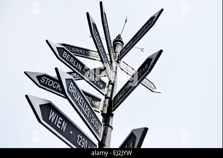 Directional sign showing distance to major cities around the world ...
