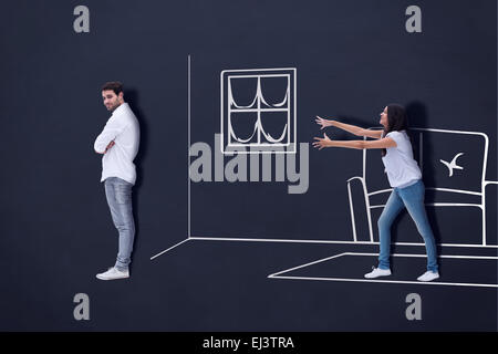 Brunette reaching desperately for man Stock Photo - Alamy