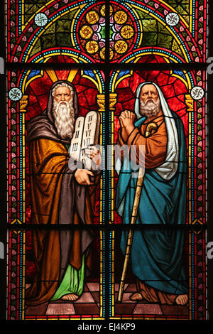 Interior stained glass window: Moses receiving the Ten Commandments ...