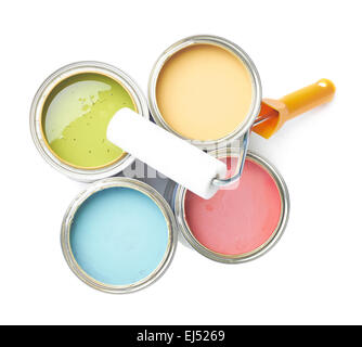 Tin metal cans with color paint and paintbrush Stock Photo - Alamy