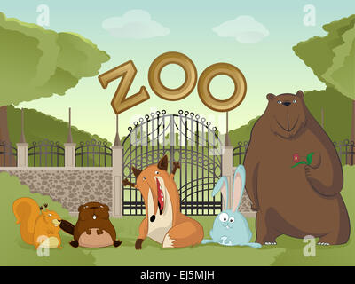 Vector image of cartoon zoo with animals Stock Photo - Alamy