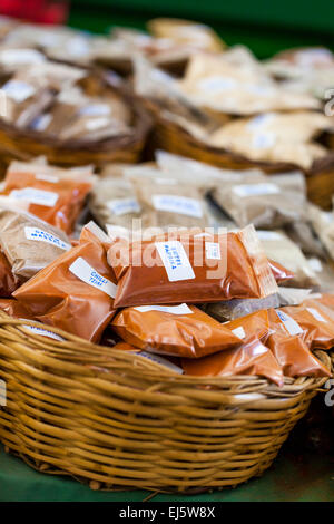 Greek spices with price tags closeup on market table Stock Photo - Alamy