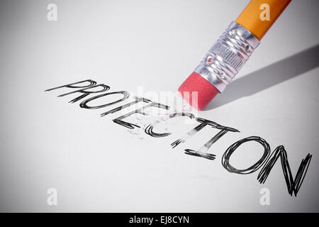 Pencil erasing the word Protection Stock Photo - Alamy