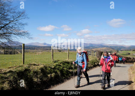 Group of Welsh Ramblers walking up Cnicht mountain in Snowdonia ...