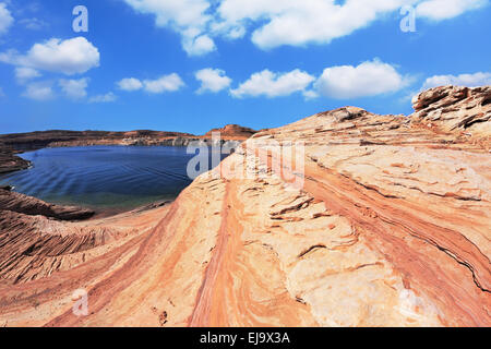 Bright blue water bay. Bottling magnificent Lake Powell photographed by ...
