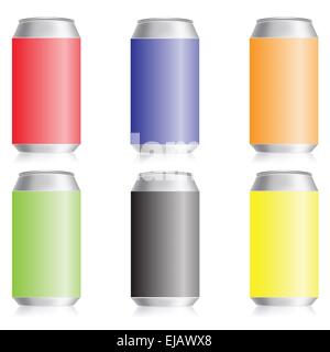 set of drink metallic cans, side view isolated on white background ...
