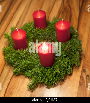 Advent wreath of twigs with green candles and various ornaments Stock ...