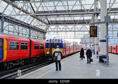 Waterloo train station platforms view from above of passenger trains ...