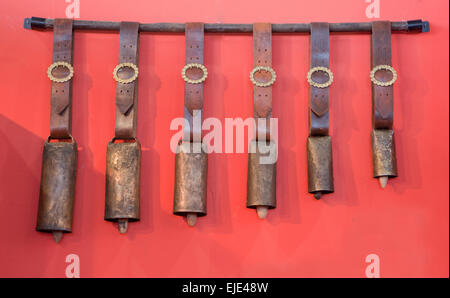 Traditional bells of different sizes made of copper for bullfighting ...