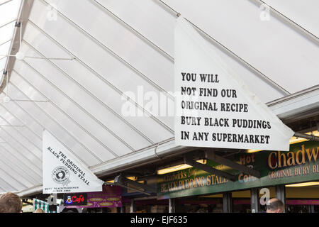 Bury Market day and a black pudding stall at Bury in Greater Manchester ...