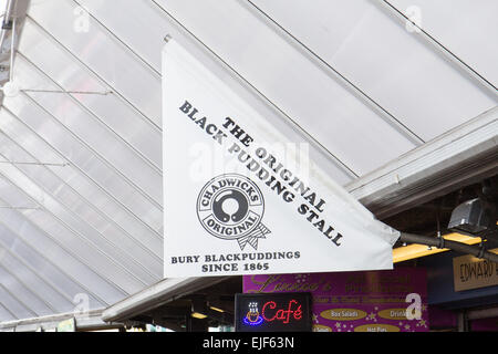 Bury Market day and a black pudding stall at Bury in Greater Manchester ...