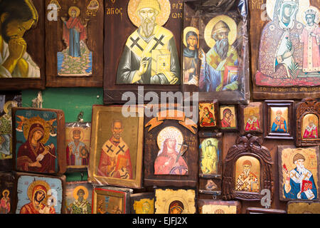 Greek Orthodox religious art icons in souvenirs and gifts shop in ...