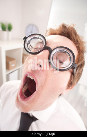 angry clerk in wide angle shouting Stock Photo - Alamy