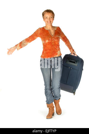 Running woman with luggage on white background Stock Photo - Alamy