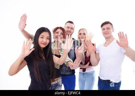 group of young people waving their hands Stock Photo - Alamy