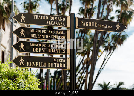 Tourist signpost in Malaga city centre, on the Costa del Sol, in Spain ...