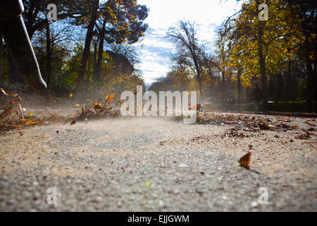 Worker in autumn park with a leaf blower Stock Photo - Alamy