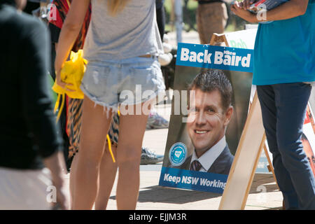 NSW Premier Mike Baird, (right), is presented with a birthday cake at ...