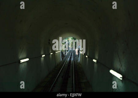 Train passing through tunnel railway workers standing on opening of ...