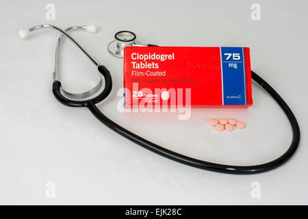 A generic box of Clopidogrel tablets - white background. Clopidogrel is ...