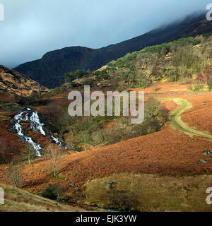Waterfall at Cwm Llan seen from the Watkin Path to Snowdon in Snowdonia ...