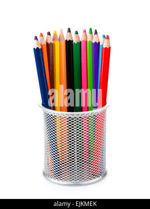 Stack of colored pencils on white table. Studio shot Stock Photo - Alamy