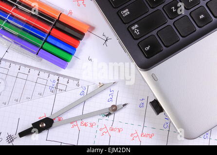 Electrical diagrams, accessories for drawing and laptop, drawings and ...