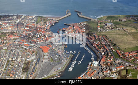 An aerial view of the coastal town of Whitby in North Yorkshire, UK ...