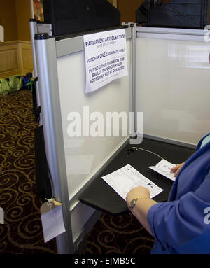 Voter marking a ballot paper with a cross to select a preferred ...