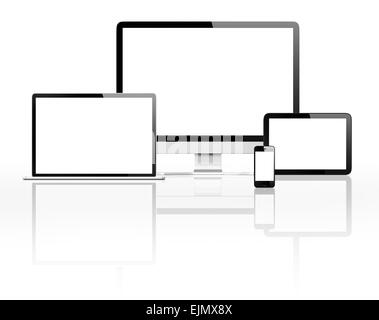 Black and white desktop with three devices showing landing page 3d ...