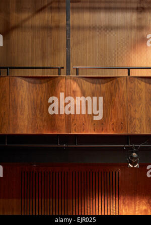 Detailed view of acoustic walnut baffle and stage lighting. Lady ...
