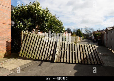 Storm damage wooden fence panels collapsed Stock Photo - Alamy
